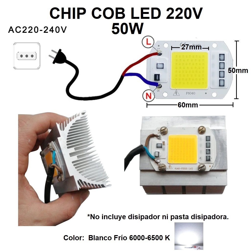 Foco Chip Led 50W COB Diodo SMD 220 VAC ( Frío ) - ELECTROART